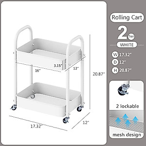 2 Tier All-Metal Rolling Cart,Rolling Storage Cart with Handle and Locking Wheels Kitchen Cart,Laundry Office Bathroom Storage Organizer Cart with Wheels, White