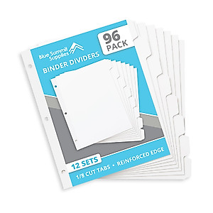 Blue Summit Supplies 3 Ring Binder Dividers with Reinforced Edge, 1/8 Cut Tabs, Letter Size, 3 Hole Punch Section Index Dividers for Binders, White, 96 Pack