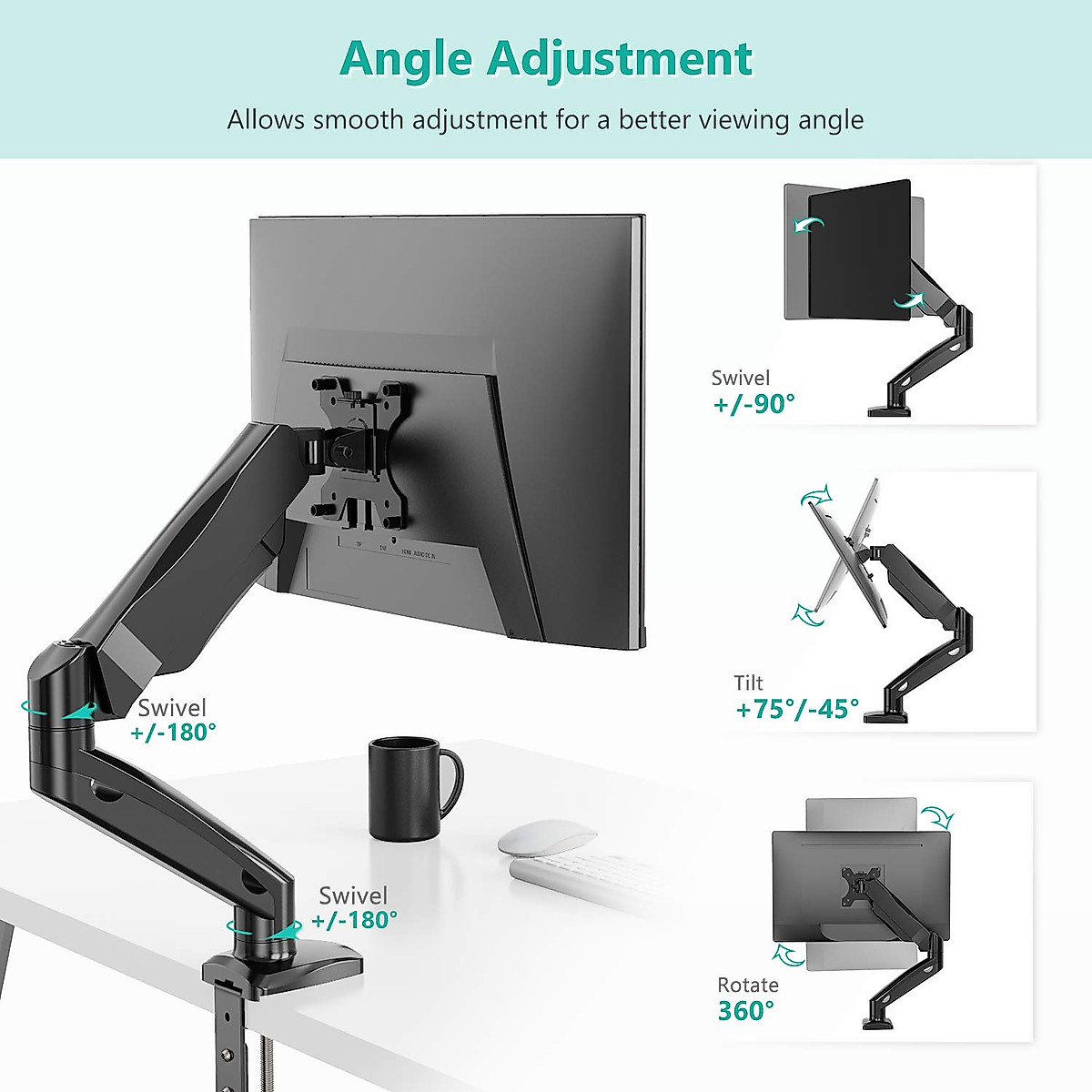 WALI Single Monitor Arm Mount Stand Fully Adjustable Gas Spring Arm Desk Mount Swivel Bracket with C Clamp, Grommet Mounting Base for Display Up to 32 Inch,19.8lbs. Capacity (GSMP001), Matte Black