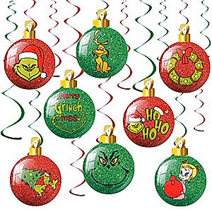 Whaline 30Pcs Christmas Ball Paper Hanging Swirls Decoration Foil Red Green Ceiling Swirl Funny Cartoon Character Spiral Streamer Ornament for Xmas Party Wall Decoration Supplies