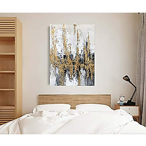 Yihui Arts Modern Abstract Skyline Canvas Wall Artwork with Gold Foil Modern Oil Painting Pictures with Framed for Living Room Bedroom Bathroom Decoration