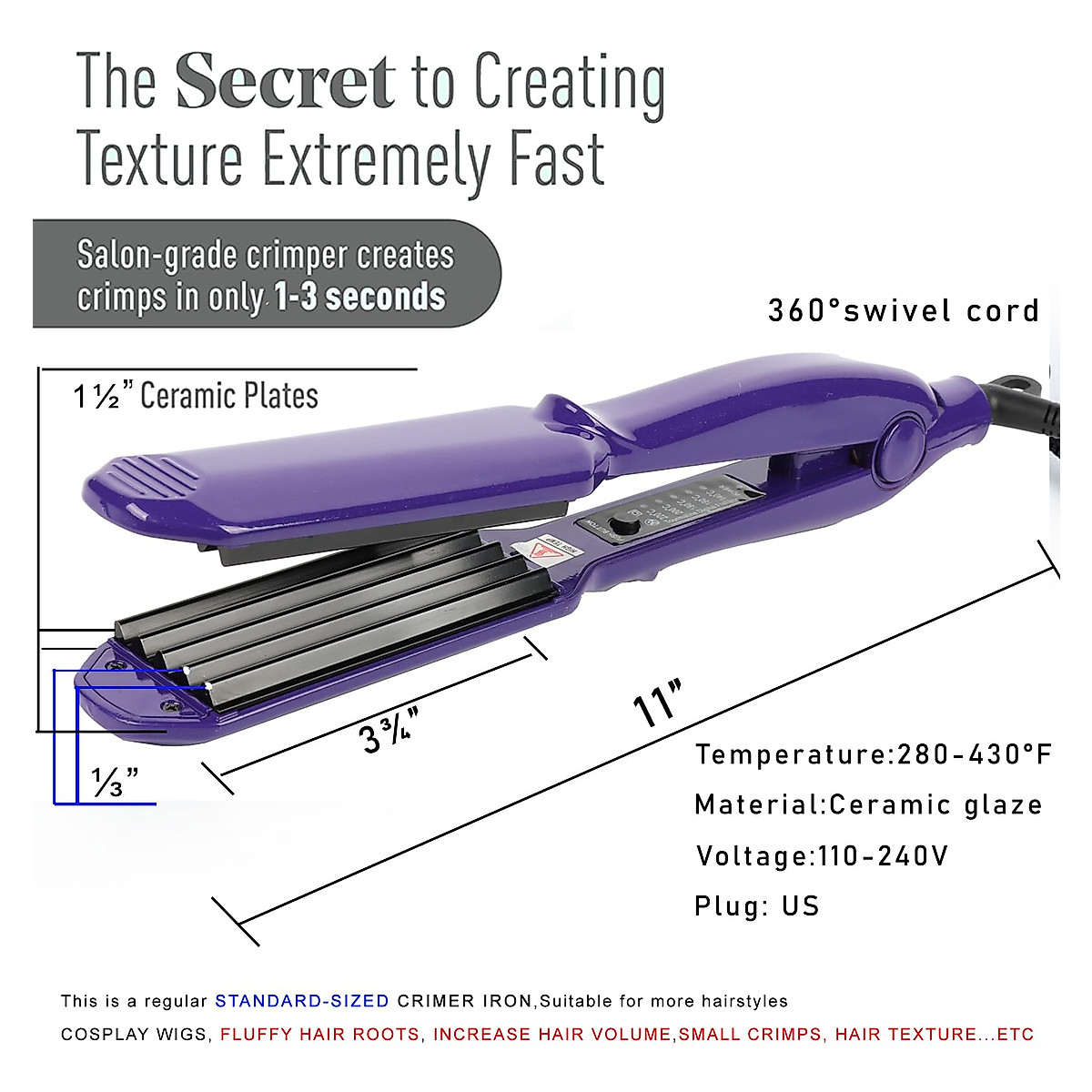 MBHAIR Ceramic Crimper Iron for Volumizing Fluffy Hairstyle, Corrugation Crimper Hair Iron, Anti Static Ceramic Hair Crimping Iron Adjust Temperature (Purple)