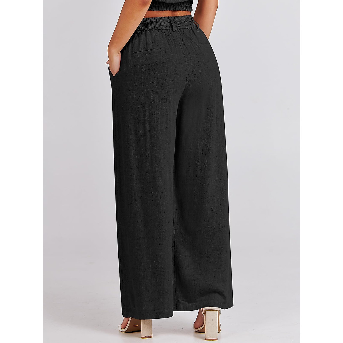 Caracilia Womens Summer Linen Palazzo Pants Wide Leg High Waist Business Casual Work Lightweight Trousers Loose Pleated Elastic Waist Dressy Pants 2024 Black Fashion Outfits with Pocket C118A3-heise-L