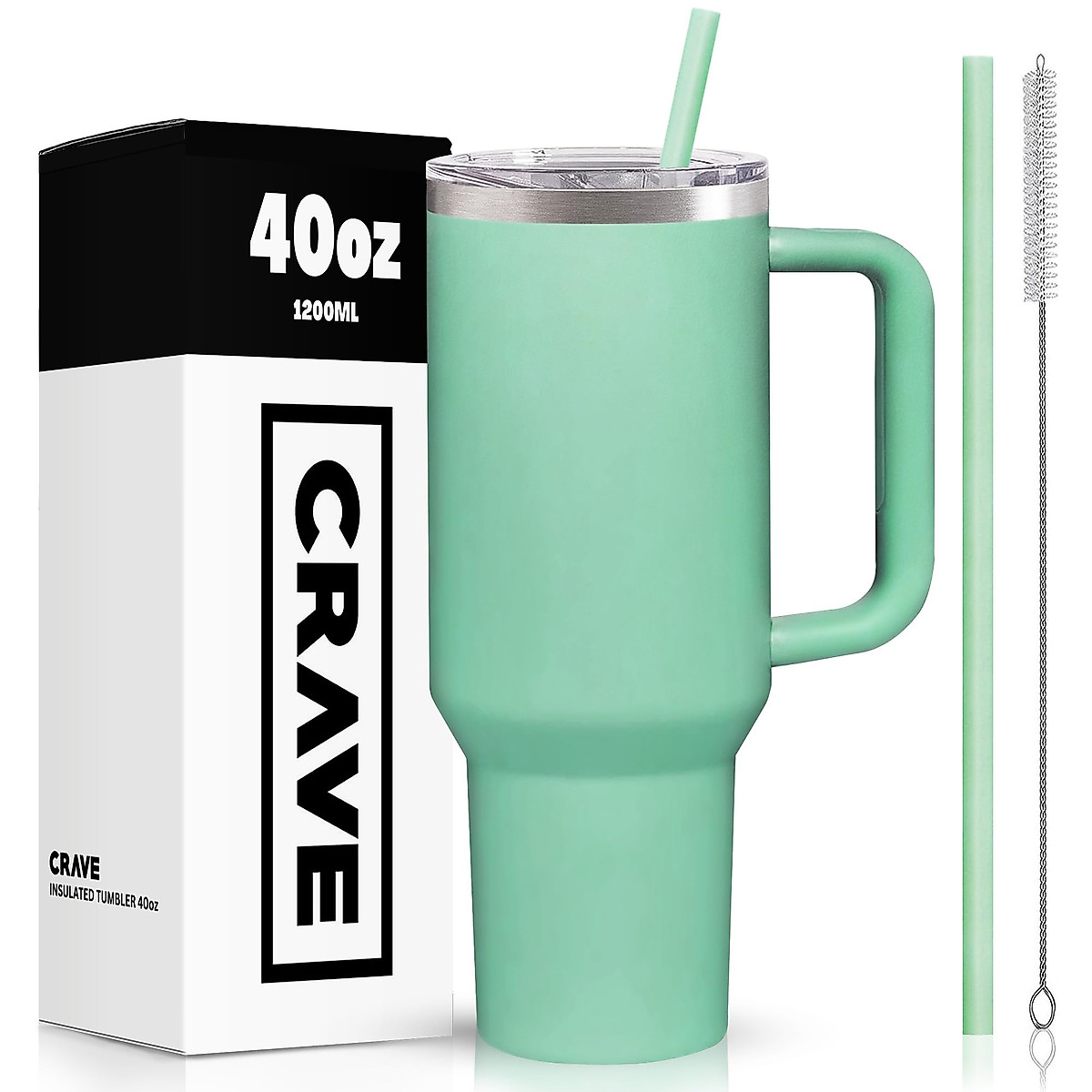 Crave Cups 40oz Tumbler with Lid and Straw l Reusable Spill Proof Double Wall Insulated Stainless Steel Water Bottle Travel Mug l Cupholder Friendly Vacuum Sealed Tumbler with Handle (Seafoam)