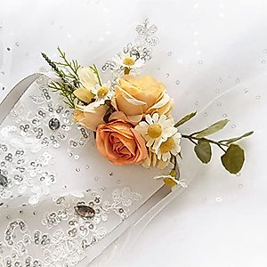 USIX Artificial Vintage Champagne Yellow Rose Wrist Corsage Set of 2 Pieces Bride Bridesmaid Wristlet Hand Flower for Wedding Prom Homecoming Dance