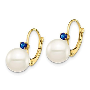 14K Yellow Gold 8mm White Round Freshwater Cultured Pearl Blue Sapphire Drop Dangle Earrings Gemstone September Birthstone Jewelry