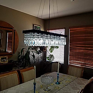 ShiJia Moooni Modern 8 Lights Rectangular Crystal Chandelier Rectangle Raindrop Chandeliers Pendant Light Fixture for Dining Rooms Island Black L39.5