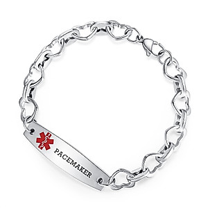 mnmoom 7 1/2 in Heart Medical Alert Bracelets for Women Stainless Steel id bracelets with Free custom engraving (Silver/PACEMAKER)