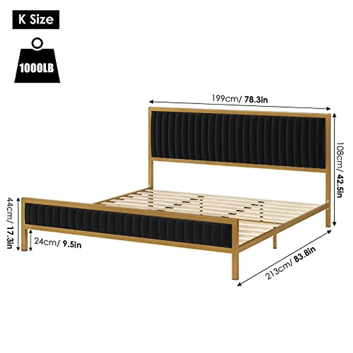 HIFIT King Size Bed Frame, King Bed Frame and Headboard, Heavy Duty Metal Foundation, Upholstered Bed Frame with Velvet Tufted Headboard, Wood Slats Support, No Box Spring Needed, Gold and Black