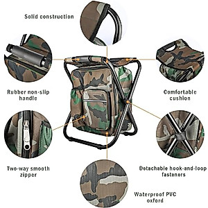 Kikerike Folding Stool Backpack Insulated Cooler Bag, Collapsible Camping Hunting Fishing Multifunction Chair with Front Pocket and Bottle Pocket for Outdoor Events, Hiking, Travel, Beach