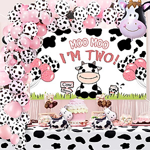 Roetyce Cow 2nd Birthday Decorations for a Girl, Moo Moo I'm Two Birthday Decorations Girl Boy Cow 2nd Birthday Party Supplies, Cow Two Birthday Banner and Cow Balloons for Cow Themed Birthday Decor