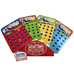 Toysmith Road Trip Bingo Cards Red, Blue, Green & Orange Gift Set Travel Bundle with Bonus Matty's Toy Stop Storage Bag - 4 Pack
