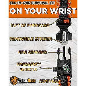 Atomic Bear Paracord Bracelet (2 Pack) - Adjustable - Fire Starter - Loud Whistle - Perfect for Hiking, Camping, Fishing and Hunting - Black & Black+Orange