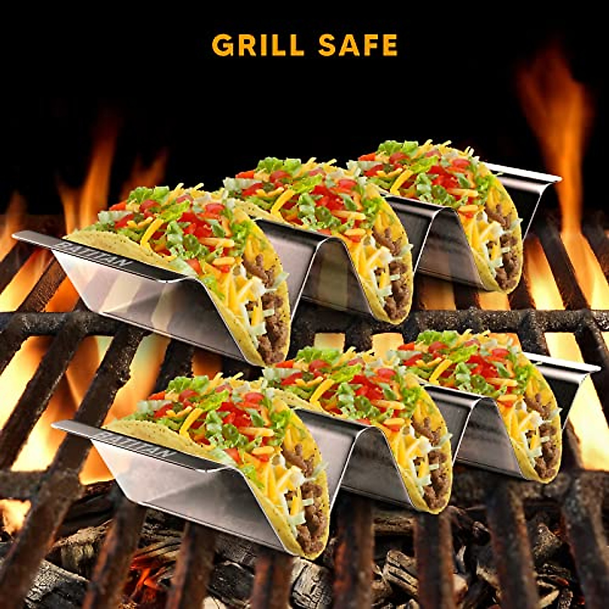 Taco Holder, Taco Stand, Taco Holders Set of 4, Stainless Steel Taco Rack with Handles, Each Metal Taco Tray Plates Holds Up to 2 or 3 Hard or Soft Taco Shells, Oven Grill and Dishwasher Safe