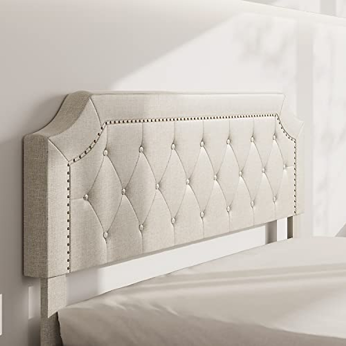 BONSOIR King Size Bed Frame Upholstered Low Profile Traditional Platform with Tufted and Nail HeadboardLinen Fabric Upholstery Color of Sand (Sand, King Size)