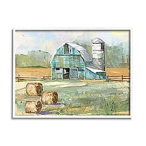 Stupell Industries Contemporary Blue Farm Barn Hay Bails Empty Field, Designed by Sally Swatland White Framed Wall Art, 14 x 11, Green