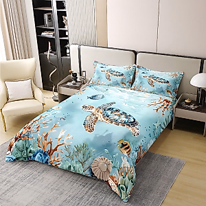 Feelyou Sea Turtle Bedding Set King Size Summer Theme Comforter Cover Set for Boys Girls Teens Fish Marine Themed 100% Cotton Duvet Cover Underwater Animal Bedspread Cover Ocean Creature Quilt Cover