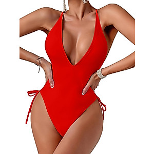 Lilosy Sexy Push Up Plunge Backless Tie Side High Cut Leg Thong Cheeky Brazilian One Piece Bikini Swimsuit Women Open Back Bathing Suit Criss Cross Monokini String Red Medium