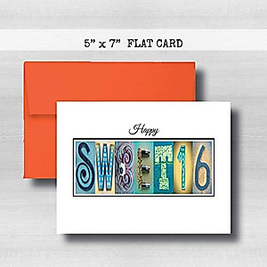Personalized Sweet 16 Happy Birthday Card, 5" x 7" FLAT CARD, Milestone Greeting Cards