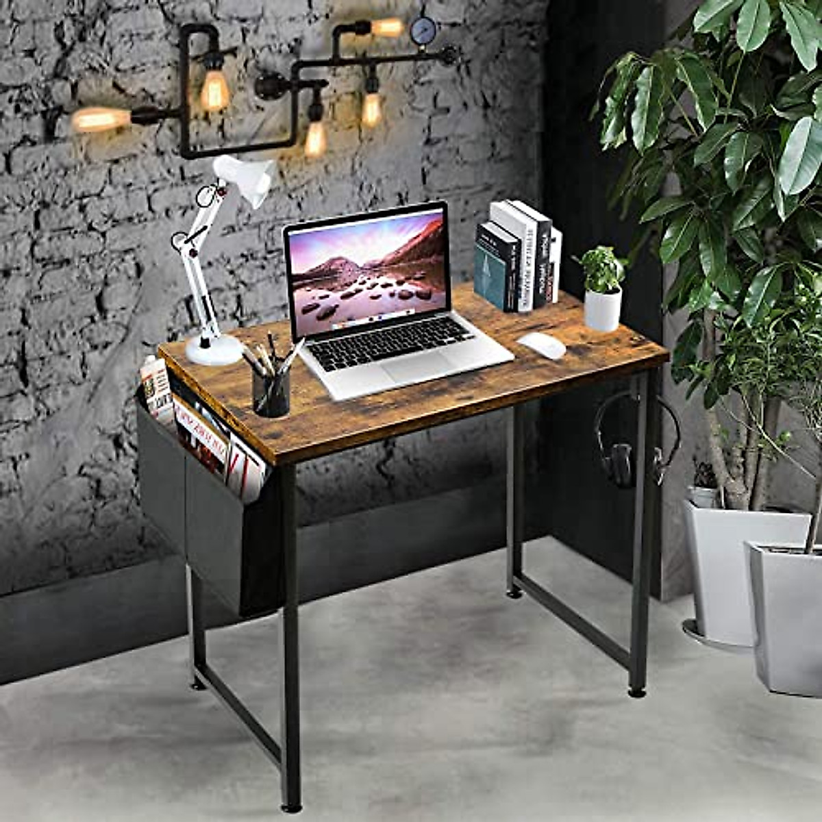 Lufeiya Small Computer Desk Study Table for Small Spaces Home Office 31 Inch Rustic Student Laptop PC Writing Desks with Storage Bag Headphone Hook,Brown