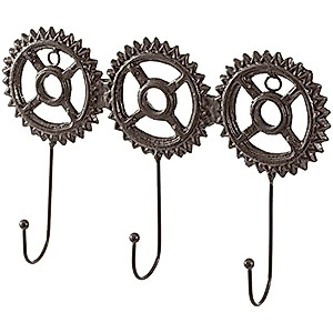 MyGift Brown Cast Iron Metal Wall Coat Hook with Steampunk Gear Design, Wall Mounted Key Rack with 3 Hooks