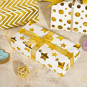 Whaline Gift Wrapping Paper Set 8 Sheet White Gold Wrapping Paper with 10 Pull Bows & 24 Yard Glitter Ribbon Star Dot Stripe Foil Decorative Art Paper for Birthday Christmas Valentine's Day