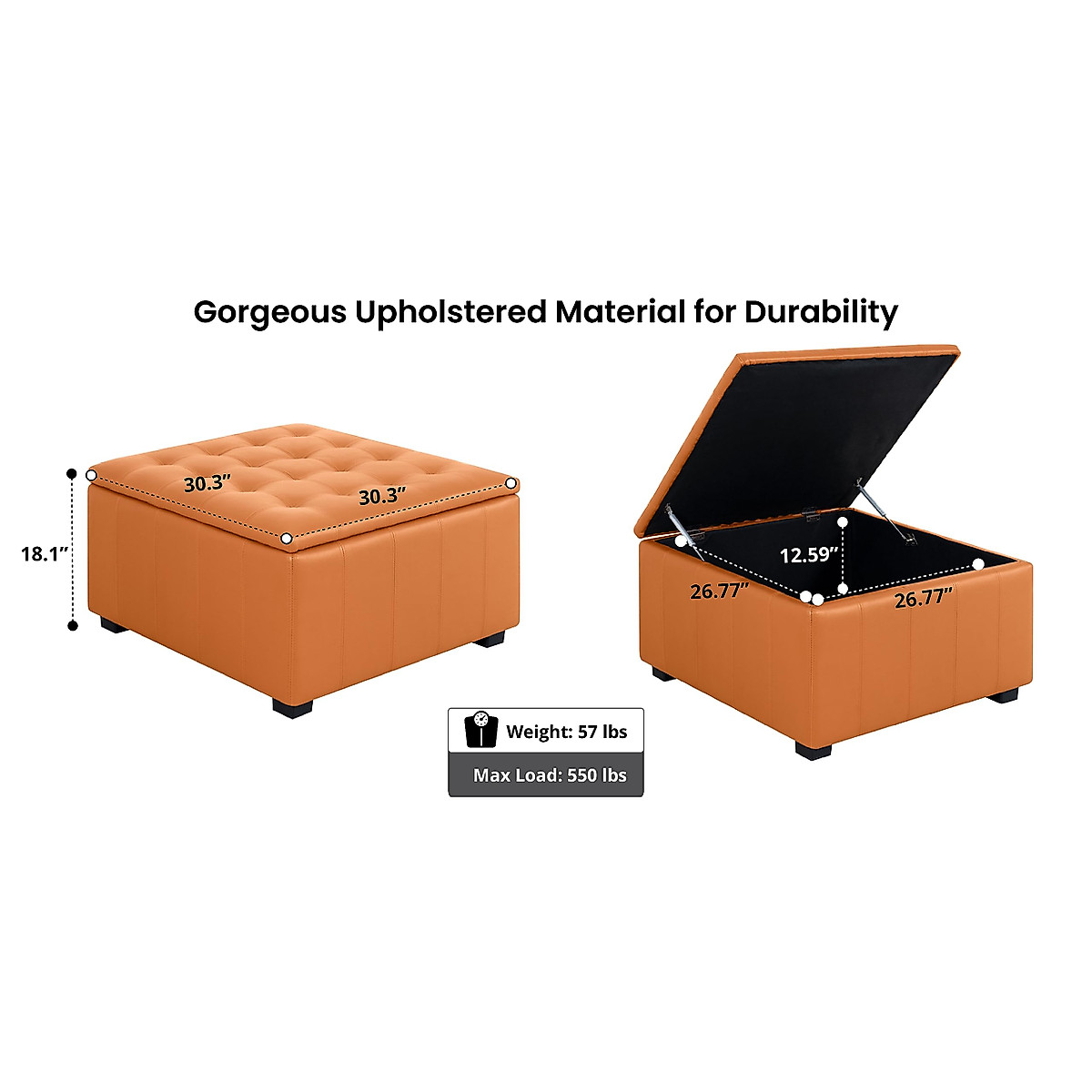 Celine 31" Large Tufted Storage Ottoman with Removable Lid and Storage, Upholstered Square Ottoman Cube Bench / Footrest / Coffee Table, Perfect for Living Room, Bedroom, Entryway, Dorm Room - Caramel