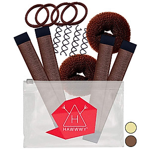 Hawwwy 12-piece Hair Bun Maker - Easy Fast Bun Tool, Short Long Thin Hair Women Girls Kids Toddler - Hair Accessories for Women - Brown Large (2 Donuts,2 Magic Snap & Roll, 4 Spin Pins)