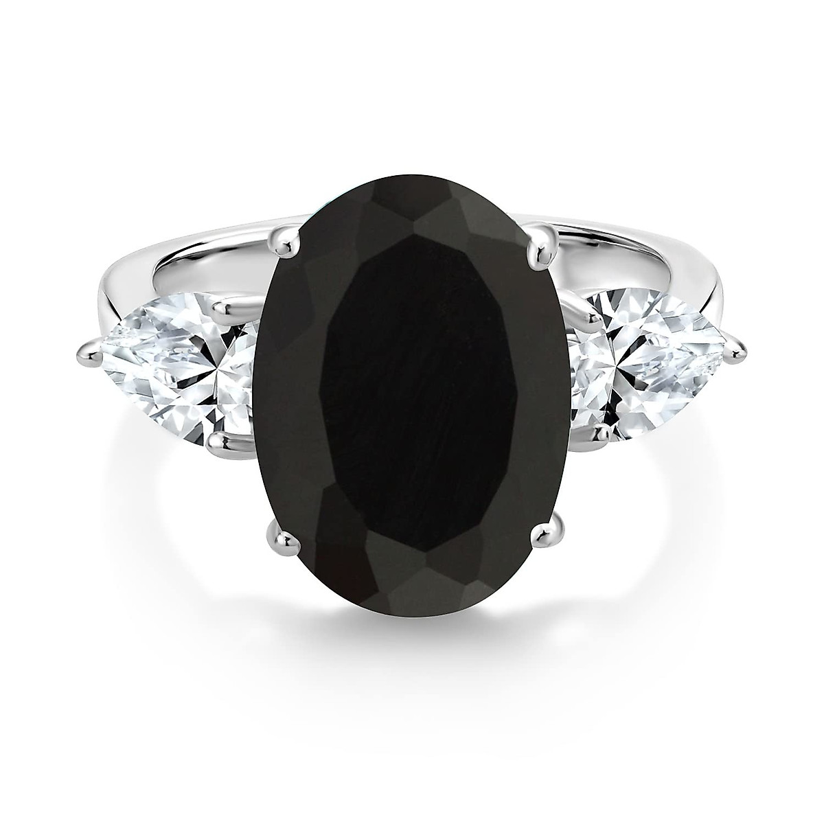 Gem Stone King 925 Sterling Silver Black Onyx and White Created Sapphire Ring For Women (7.00 Cttw, 14X10MM Oval and 7X5MM Pear Shape, Gemstone December Birthstone, Available In Size 5, 6, 7, 8, 9)