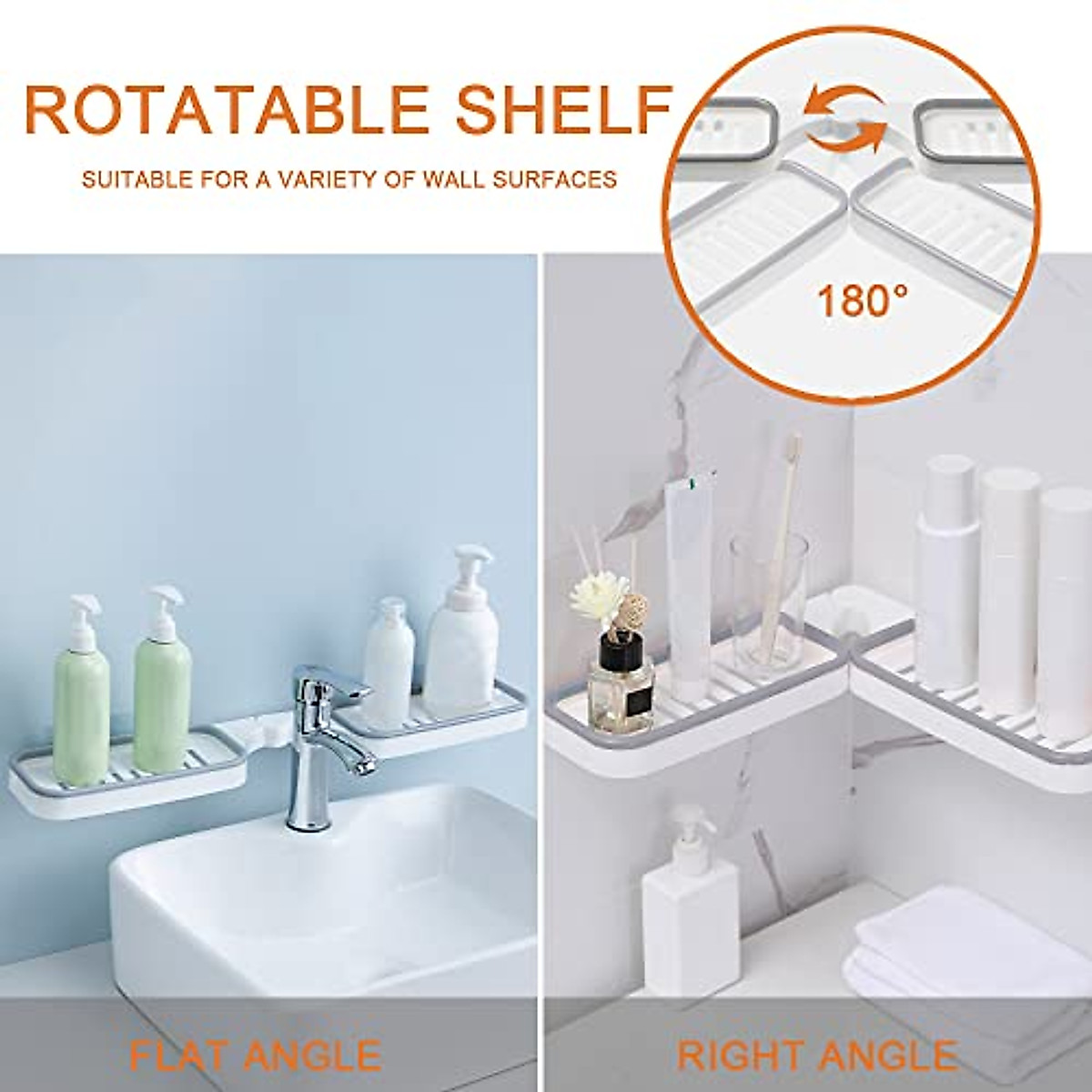 Foldable Corner Shower Caddy, No Drilling Self Adhesive Shower Organizer, Wall Mounted Bath Shelf, Shower Storage Rack for Bathroom, Kitchen, Living Room (Grey)