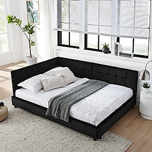 SOFTSEA Full Size Upholstered Corner Daybed, Modern L-Shaped Daybed with Tufted Backrest, Velvet Corner Sofa Bed Floor Bed Frame for Kids Teens Adults, Easy Assembly, Black