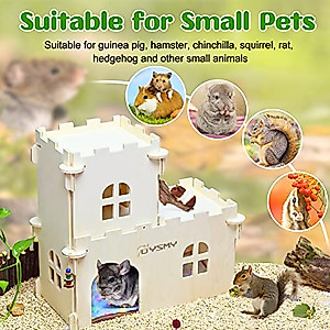 OYSMY 2-Storey Castle Chinchilla Hideout, Wooden Chinchilla House with Windows Doors, Guinea Pig Hide, Hamster Hut, Small Animal Habitat for Guinea Pig, Hamster, Chinchilla, Squirrel, Gerbil
