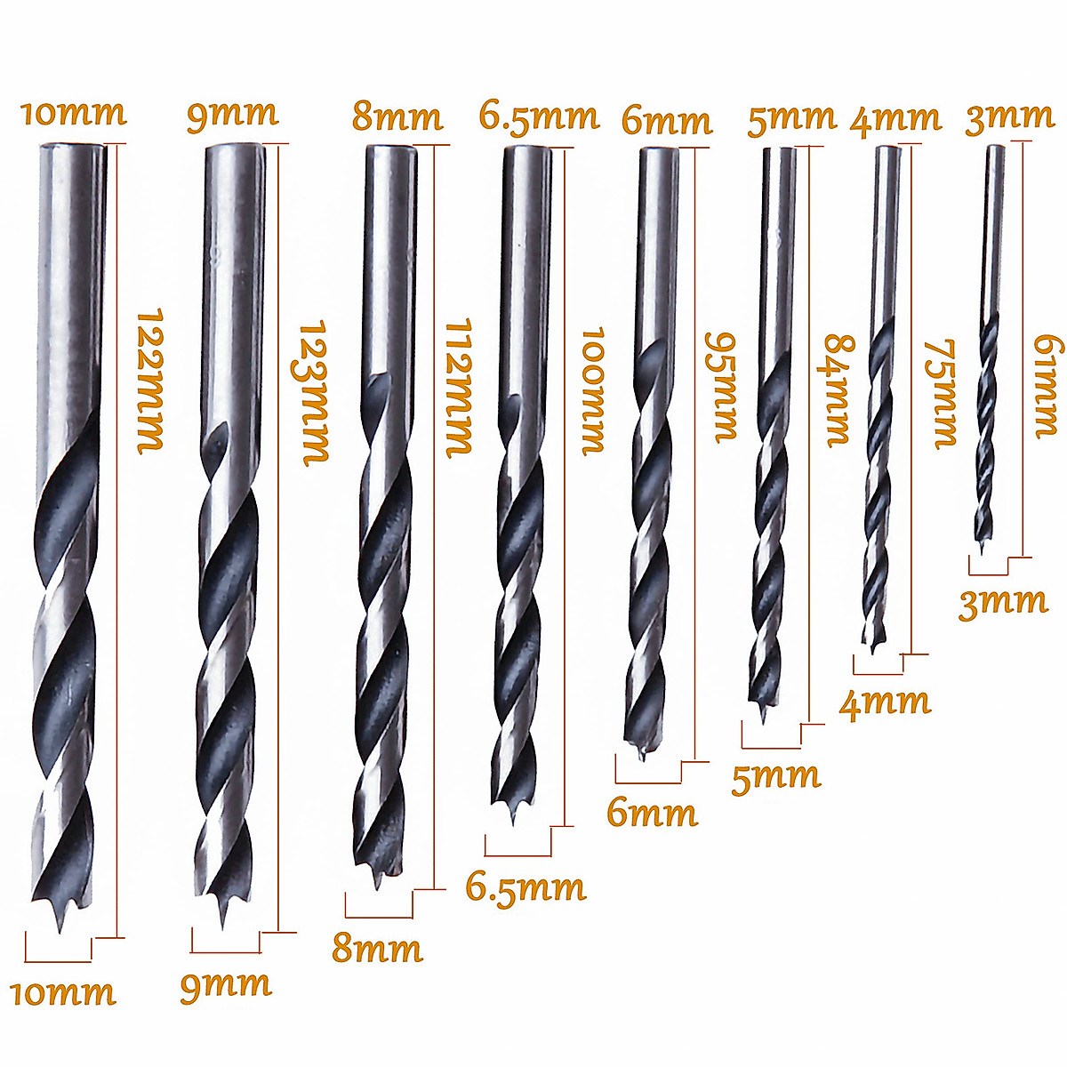 KEWAYO 8PCS Brad Point Drill Bits 3 to 10mm Spiral Twist Wood Drill Bits Set for Soft, Drill Bit Set, Brad Point, Black