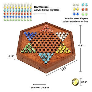 Upgraded Wooden Chinese Checkers with Drawers 12.7 Inches Wooden Board Game Includes 72 Colorful Glass Marbles Easy Grasping for Adults and Kids