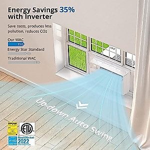 8,000 BTU Smart Inverter Window Air Conditioner, Cools up to 350 Sq. Ft., Ultra Quiet with Open Window Flexibility, Compatible with Alexa/Go ogle Assistant, 35% Energy Savings, Remote/App Control