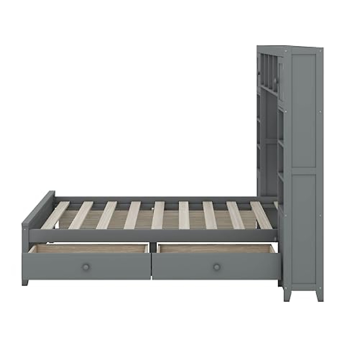 BEBPILOO Full Size Wooden Bed with All-in-One Cabinet and Shelf for Kids,Teens (Gray)