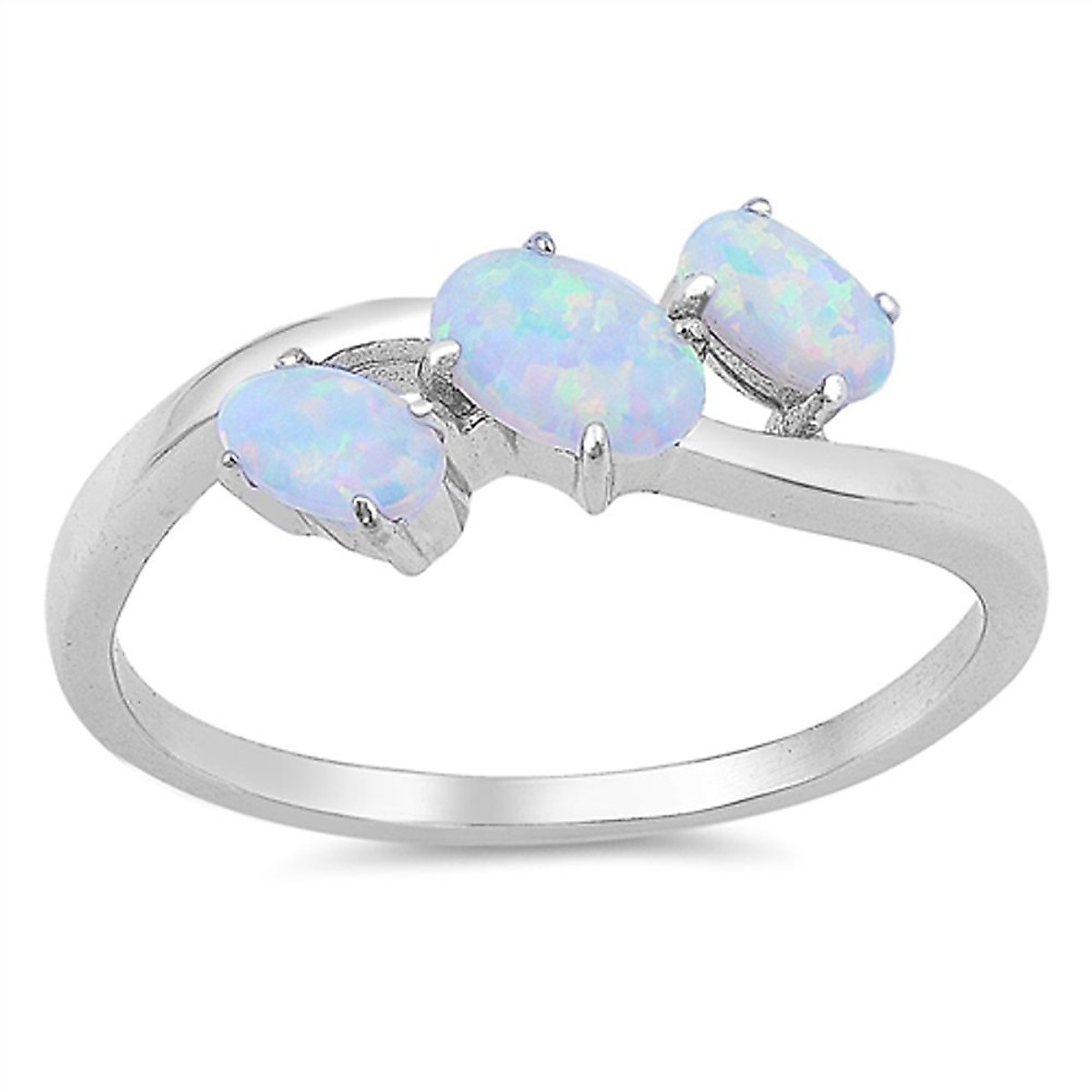 Triple Oval White Simulated Opal Fashion Ring New .925 Sterling Silver Band Size 8
