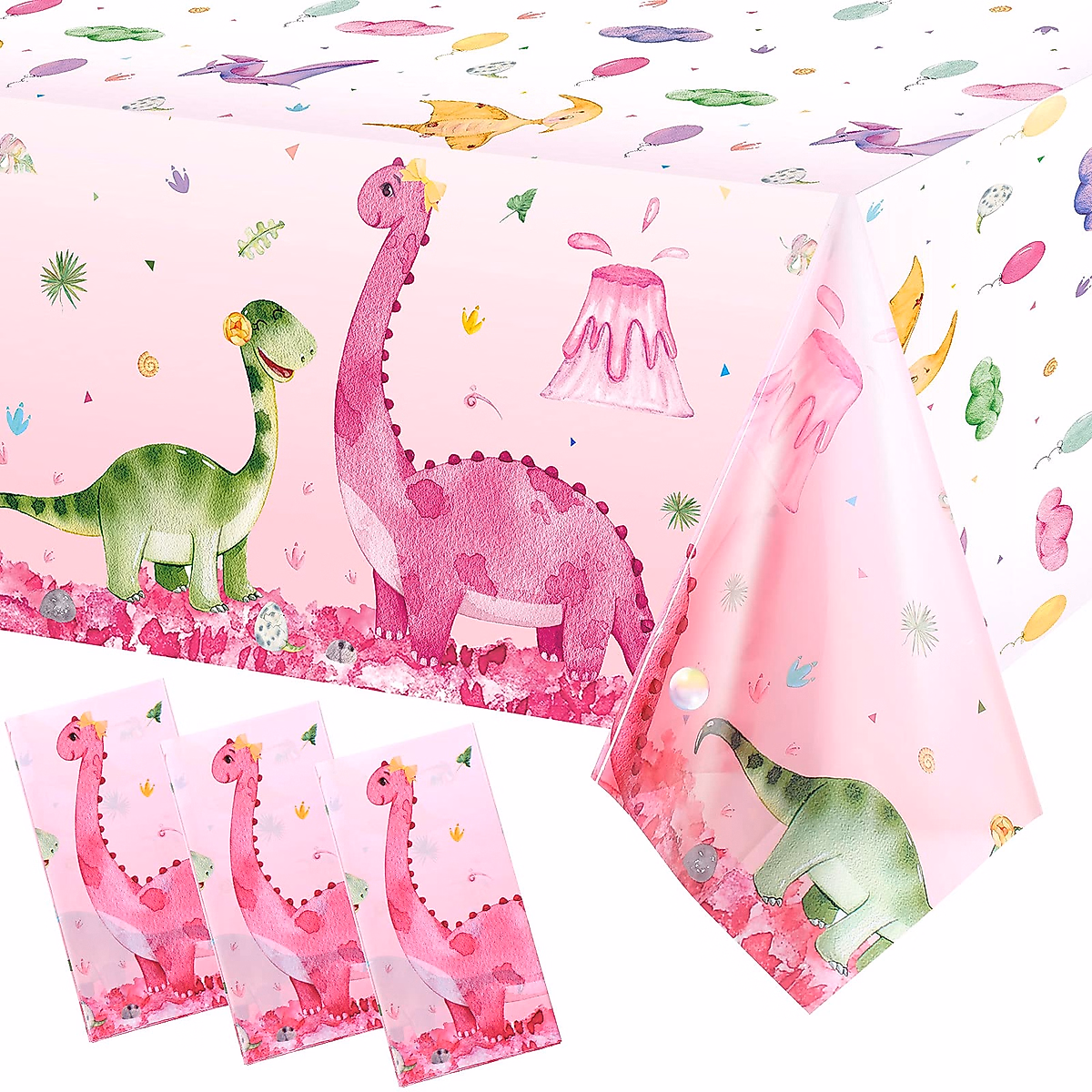 3 Pieces Dinosaur Party Tablecloths Pink Dinosaur Table Covers Plastic Disposable Dinosaur Printed Table Cloths Rectangular Dino Party Supplies for Kids Birthday Baby Shower Party, 54 x 86.7 Inches