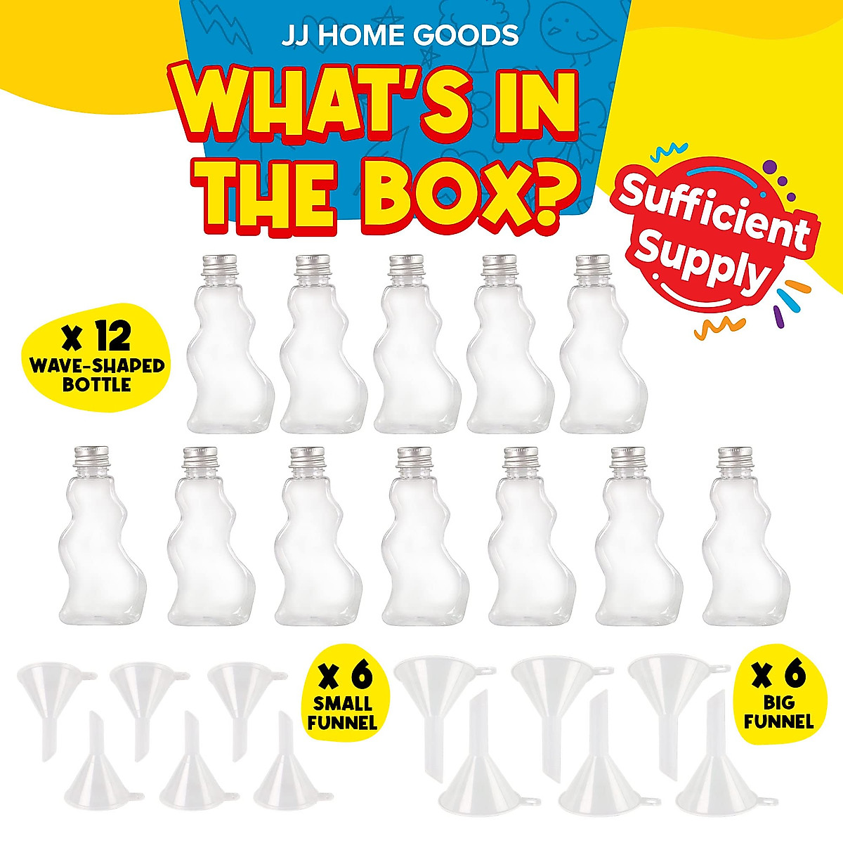 JJ CARE Sand Art Bottles [12 Wave-Shaped Sand Bottles + 6 Small & 6 Large Funnels] Plastic Sand Art Containers for Kids, Sand Art Bottles Bulk for Arts & Crafts, Sand Bottles for Sand Art Supplies