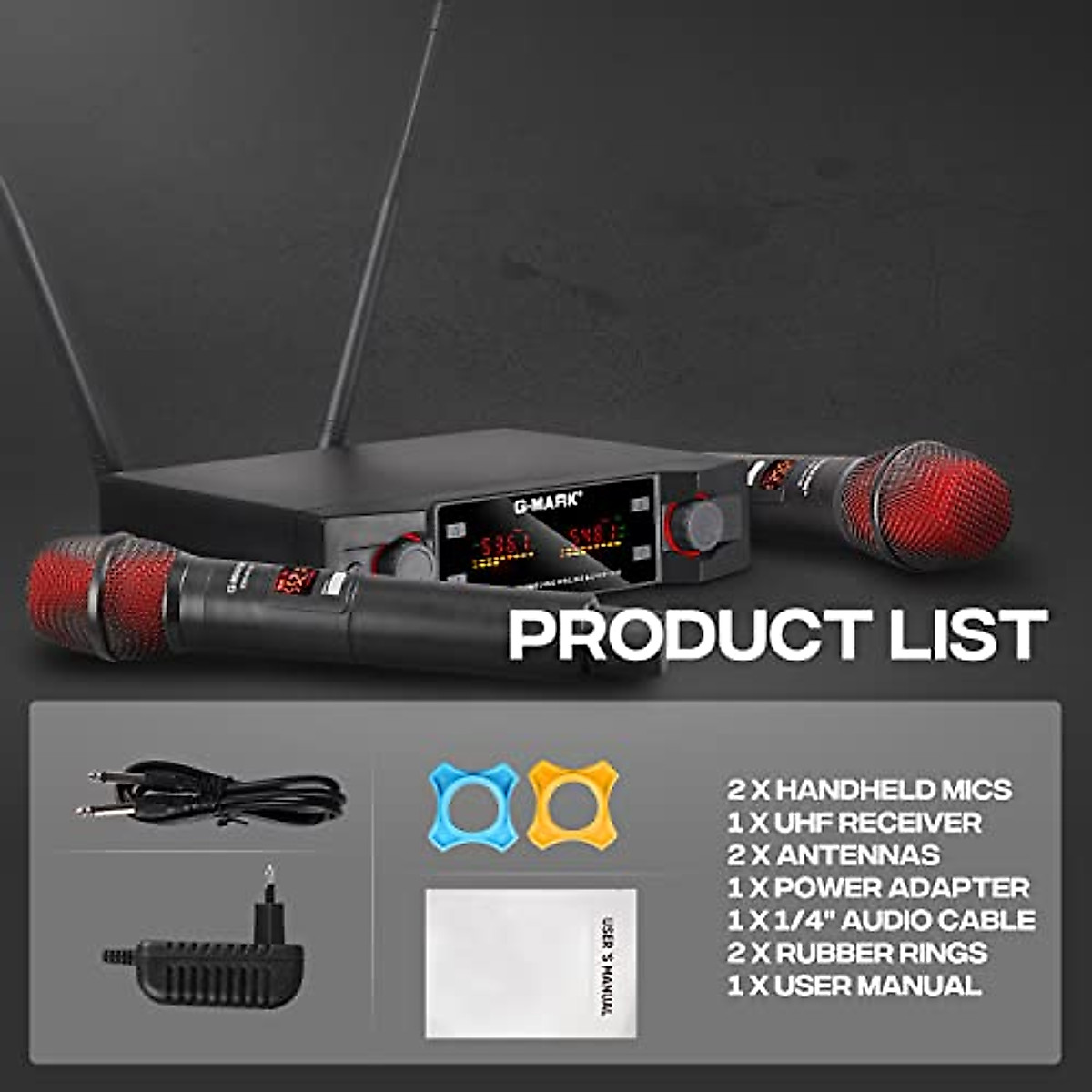 G-MARK Wireless Microphone, Dual Professional UHF Cordless Dynamic Mic Handheld Microphone System for Home Karaoke, Meeting, Party, Church, DJ, Wedding, Home KTV Set, 200ft(EW100)