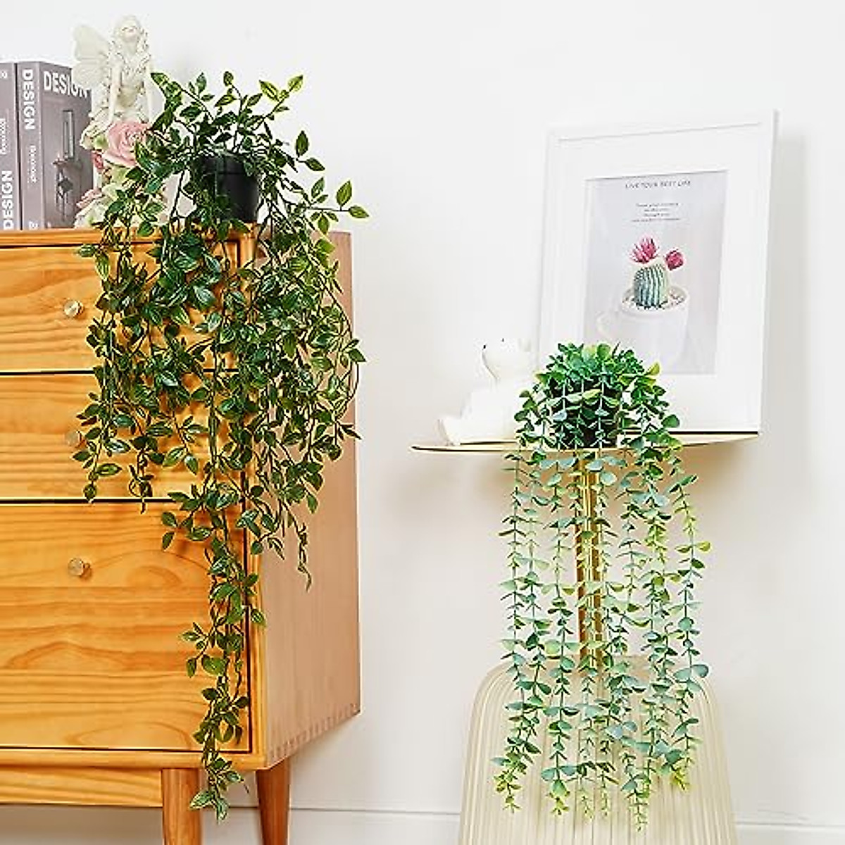 MARTINE MALL 2 Packs Artificial Hanging Plants Fake Hanging Plants, Small Potted Hanging Plants Fake Plants Mandala Hanging Vine Eucalyptus Vine for Shelf Home Office Bedroom Indoor Outdoor