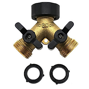 Kasian House Heavy Duty Brass Garden Hose Splitter, Y Valve, 2 Way Connector for Outdoor Faucet, Outside Water Bib Spigot Adapter, Large Comfort Grip Handles, 2 Extra Rubber Washers