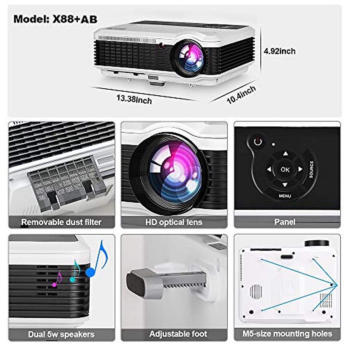 Smart Projector with Bluetooth WiFi, 8000 Lumen Home Theater Projector with 200" Display Video Gaming, Outdoor Movie Android Projector Zoom Wireless Mirroring for Phone HDMI DVD TV Stick Laptop PC USB