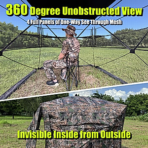 LUCKUNTER 360 Degree See Through Hunting Blind Extra Large Tall (78X78X80 inch) 2/3/4 Person Ground Camouflage Pop Up Hunting Blind for Turkey Deer Hunting