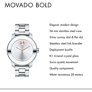 Movado Women's BOLD Iconic Metal Watch with a Flat Dot Sunray Dial, Silver/Pink/Gold (Model 3600084)