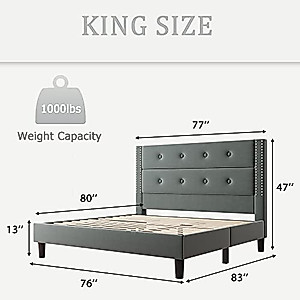 iPormis King Size Platform Bed Frame, Velvet Upholstered Bed Frame with Button Tufted & Nailhead Headboard, Wooden Slats Support, No Box Spring Needed, Noise-Free, Gray