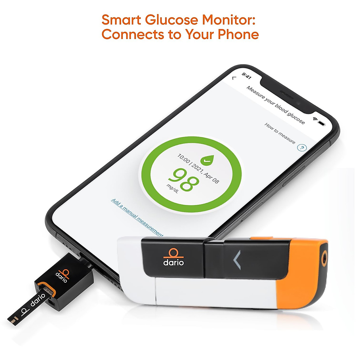 DARIO Smart Glucose Monitor Kit | Test Blood Sugar Levels & Manage Diabetes, Testing Kit Includes: Glucometer with 25 Strips, 10 Sterile lancets (Lightning Adapter - For iPhones Up To 14 Only)