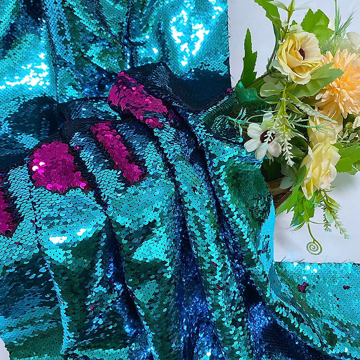 Reversible Sequin Fabric 1 Yard Long Mermaid Fabric by The Yard Turquoise to Hot Pink Two Tone Change Color Fabric Flip Sequins Fabric for Sewing Dress/Cloths/Tablecloth