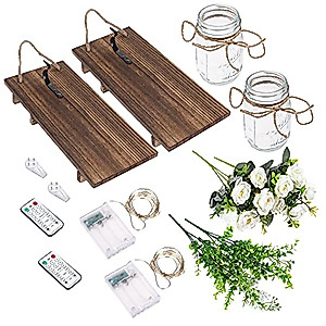 Anpro Mason Jars sconces with Lights,Decorative Mason Jar Wall Decor,Rustic Wall Sconces with 6-Hour Timer LED Fairy Lights and Flowers (2 Pack) Iron Hooks for Christmas,Halloween Decorations