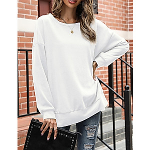 Florboom Round Neck Solid Loose Fit Sweatshirt Long Sleeve Tops for Work, White L
